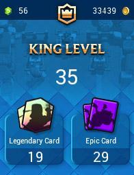 LeveL 35 / Trophy 6119 / Gems 56 / Gold 33439 / LeveL 13 cards 0 ...
