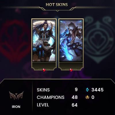 Iron 3, low mmr,9 skins (3 legendary), 28 emotes, all spells, 55 icons ...