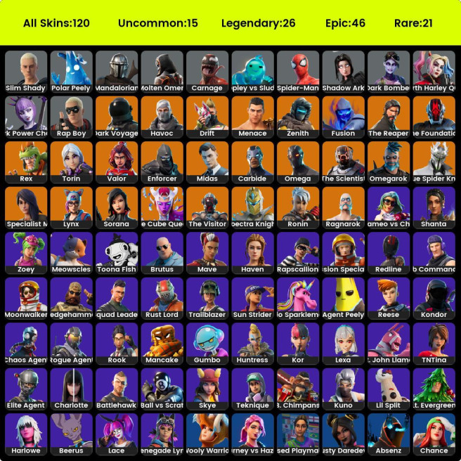 120 skins | Rogue Spider Knight | The Reaper | Gold Midas | Elite Agent ...