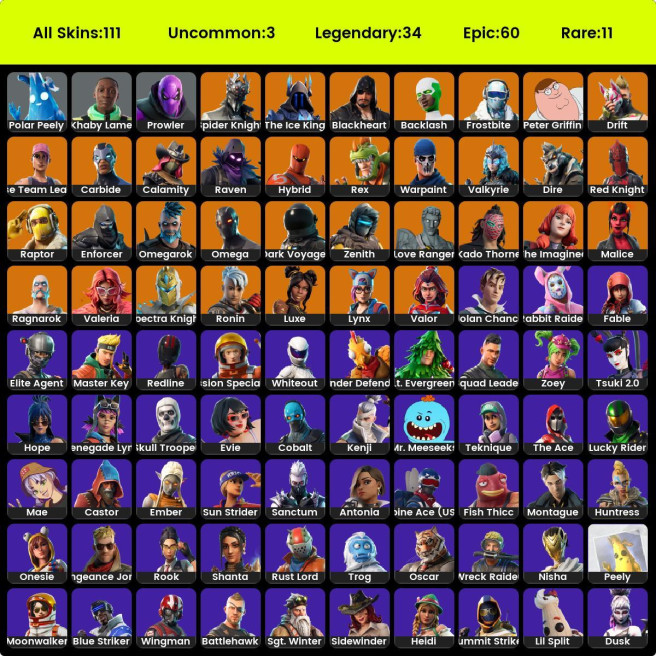 111 SKINS, ROYALE KNIGHT, OMEGA, BLUE SQUIRE, OLD PVE, SKULL TROOPER ...