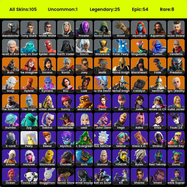 Full access. Fortnite 105 skins .Rick Sanchez . Mystica . Doctor Strange . Adira . Sabina . red ...