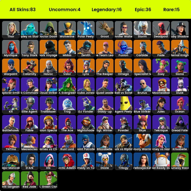 83 skins () Elite Agent .The Reaper .Havoc . Trailblazer . OG STW ...