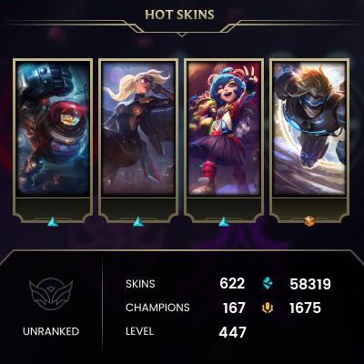 NA / 167 champs / 622 skins / Prestige K/DA Akali + Ashen Knight Pyke ...