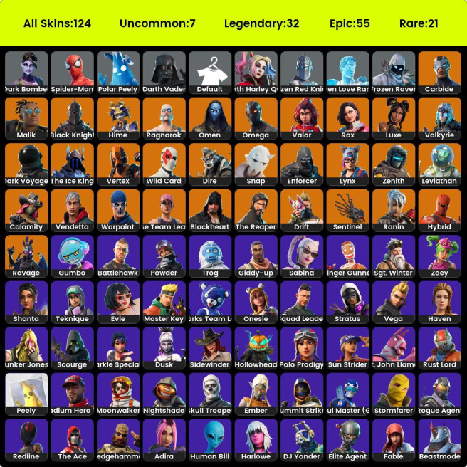 PC | 123 skins | Black Knight , Black Shield , Blackheart , Royale ...