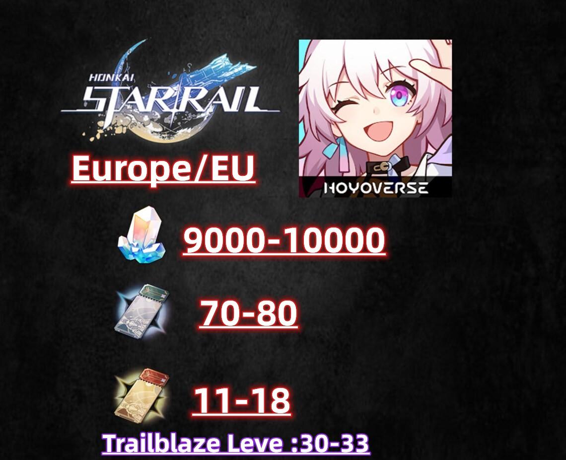Europe/TL 30-33/9000-10000 Stellar Jade + 70-80 Star rail pass +11-18 Star rail special pass ...