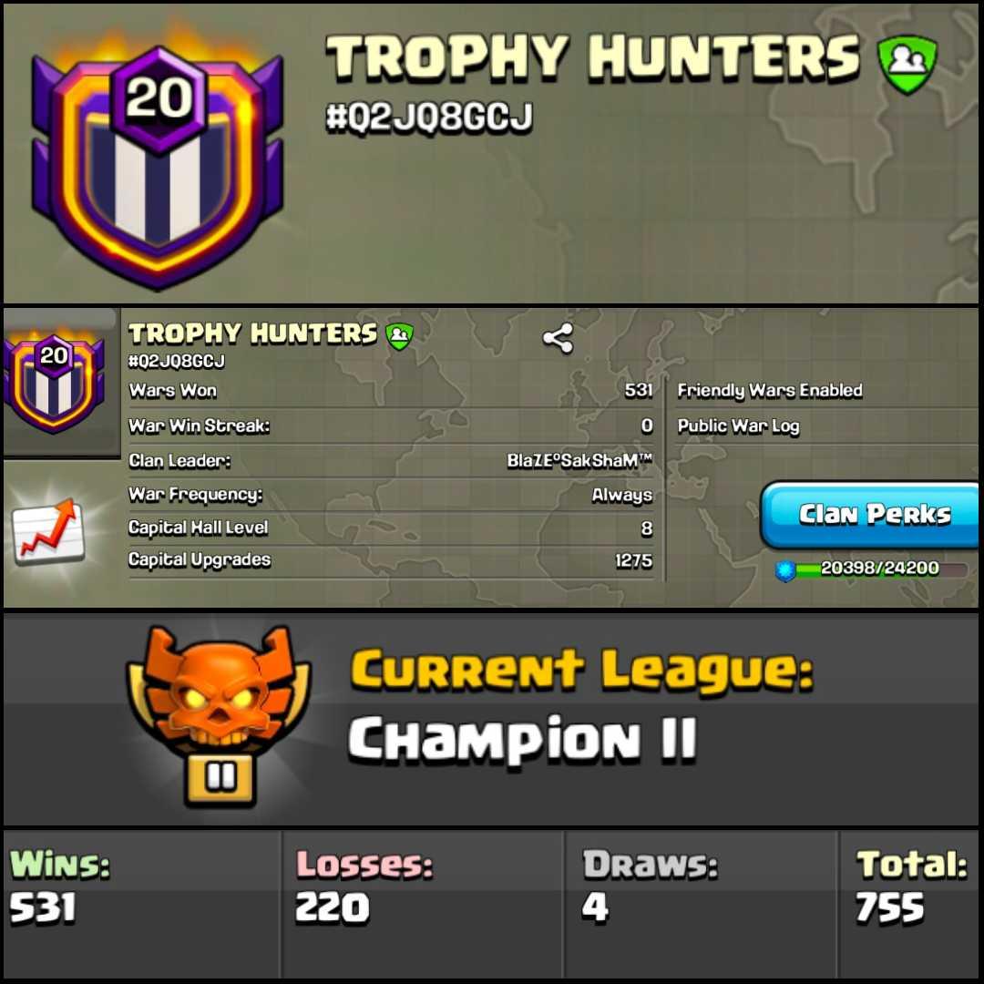 Level 20 / Name : TROPHY HUNTERS / English Name Clan / Champion 2 ...