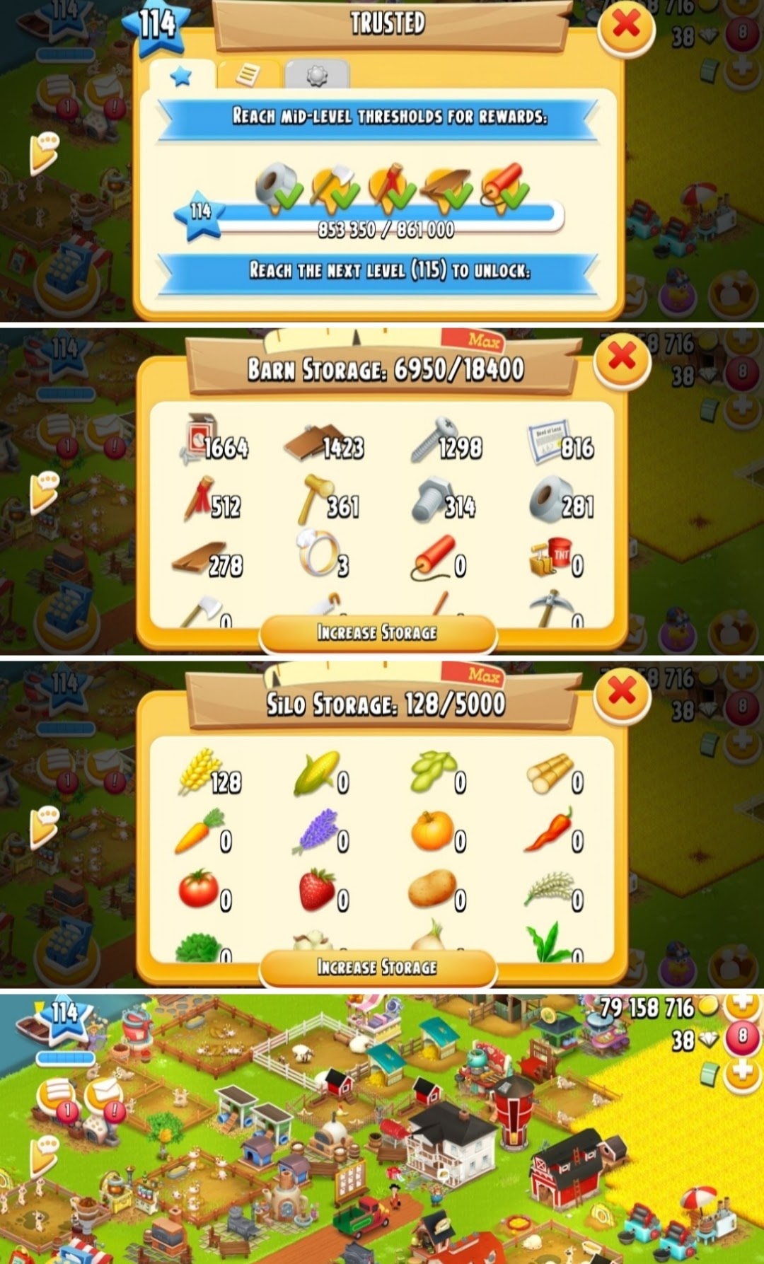 [ Hayday ] LEVEL 110-130 + MAIN LAND OPEN + BARN STORAGE 18000 + SILO ...
