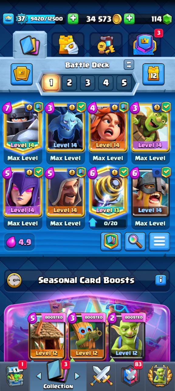 (Clash royal) KT 12 -lvl 37 -Cards 106/109 - Max Card 6 / Lvl 13 Card 3 ...