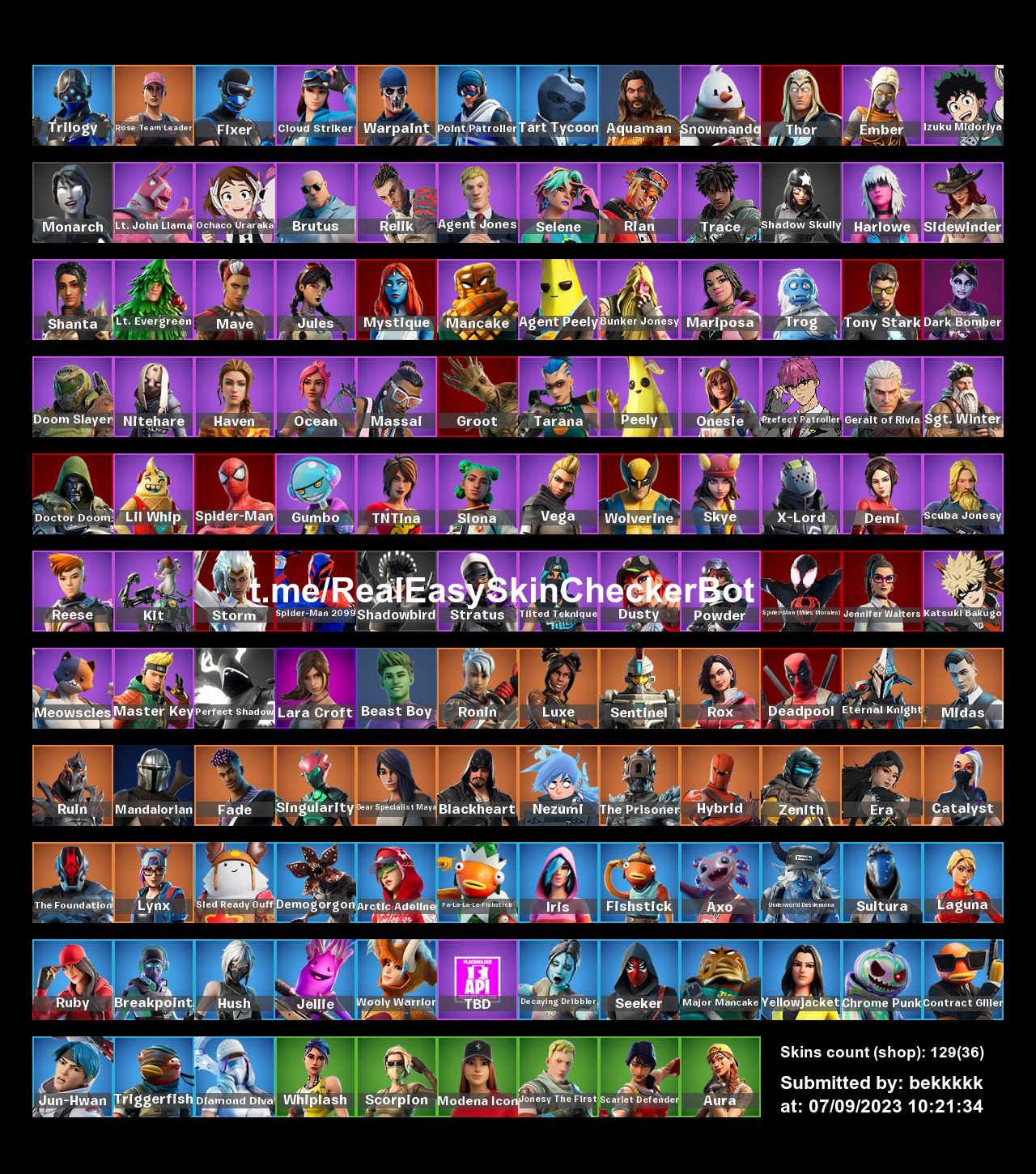 Full acces. Fortnite . 129 skins . Flawless . Demogorgon . Hush ...