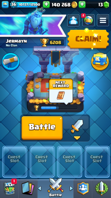 KT12/LVL36 106 CARD 6208 CUPS 4 MAX CARD 140k GOLD 13 GEMS CLASH ROYALE ...