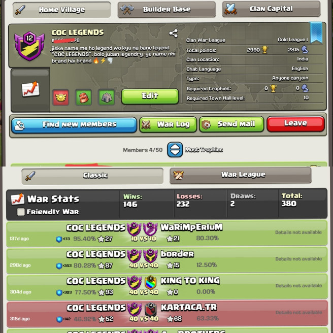 Clan lvl 12 / COC LEGENDS / Gold 1 - iGV