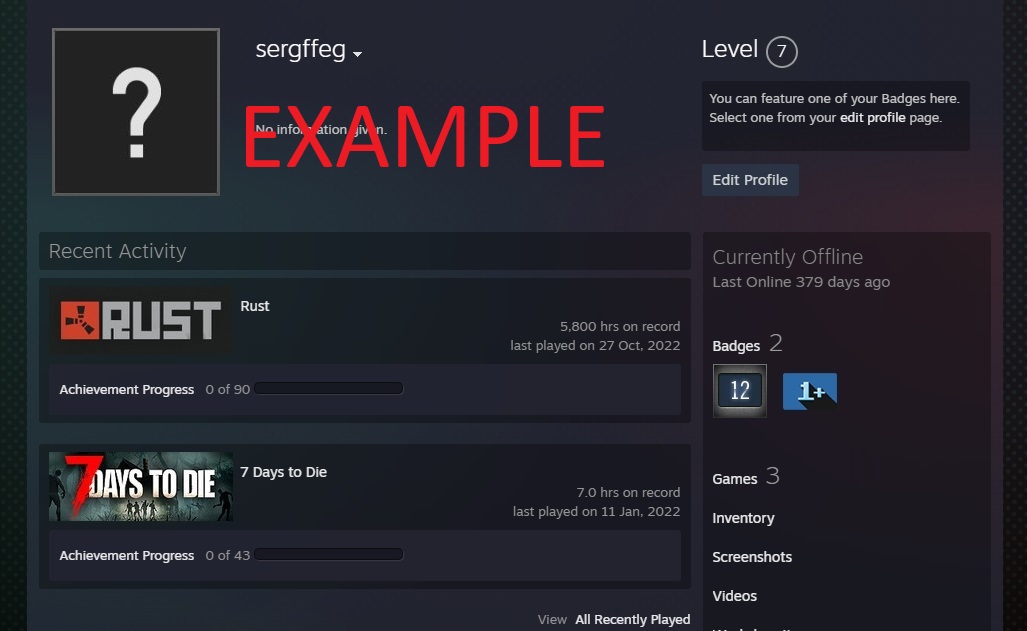 12 Years old Steam+7 LVL+5800+ Idle HOURS RUST+Bonus game - 7 Days to ...