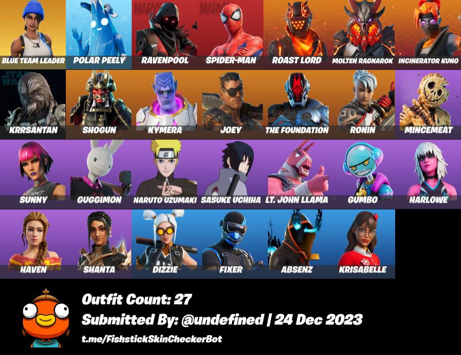 27 skins / Ravenpool / Roast Lord / Naruto / Spider-Man / Mincemeat - iGV