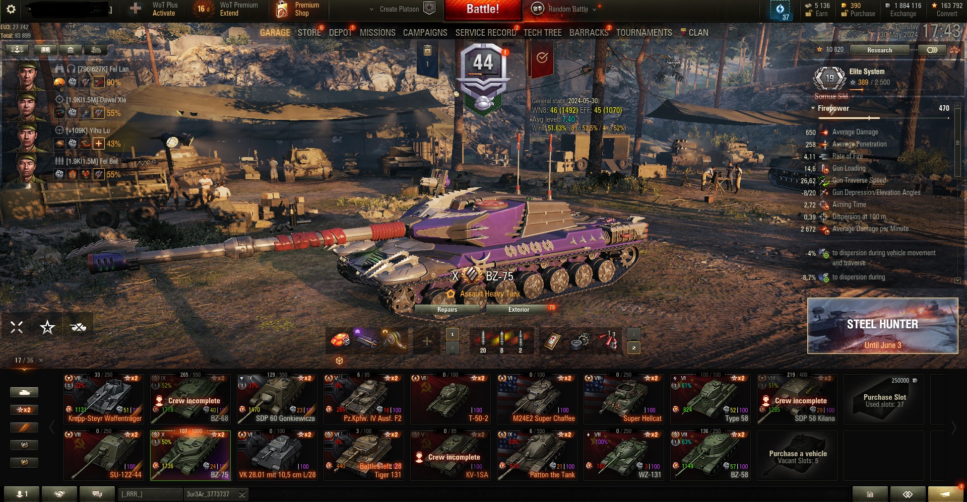 X lvl BZ-75 * 9 lvl (SDP-60; BZ-68; Patton the tank) premium tanks 3-7 ...