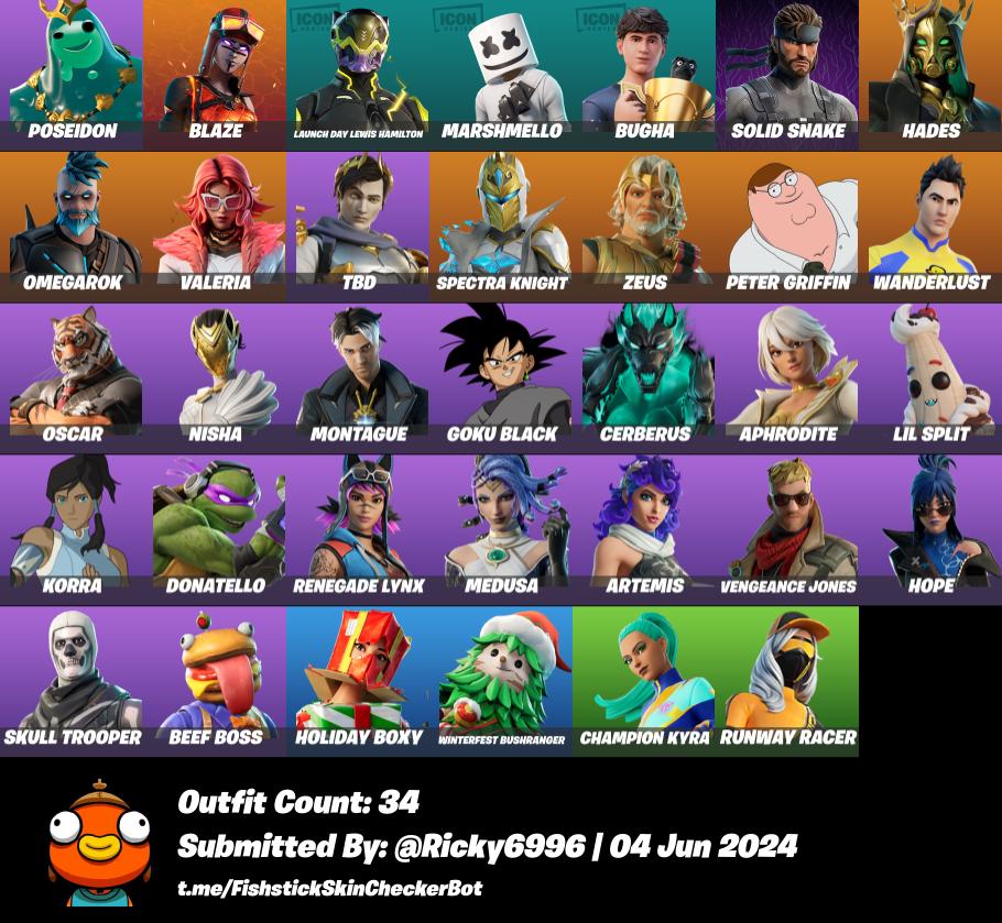 34 skins / Skull Trooper / Beef Boss / Holiday Boxy / Hope / Cerberus ...