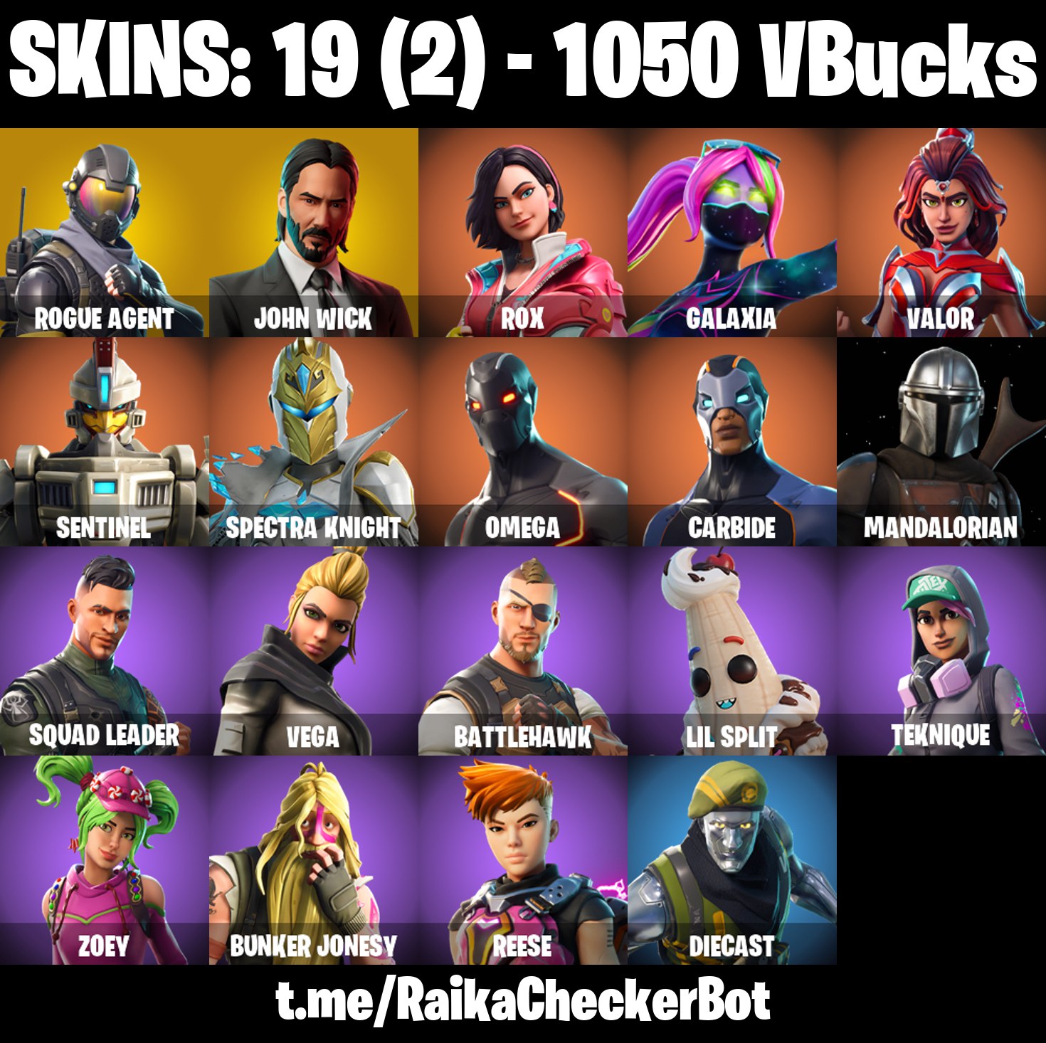 19 skins | John Wick | Rogue Agent | Omega | Rox | Orange Justice ...