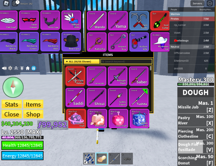 Blox Fruits / TTK-SG-GHM / Dough v2 / Gravity Inventory / 40m Beli ...