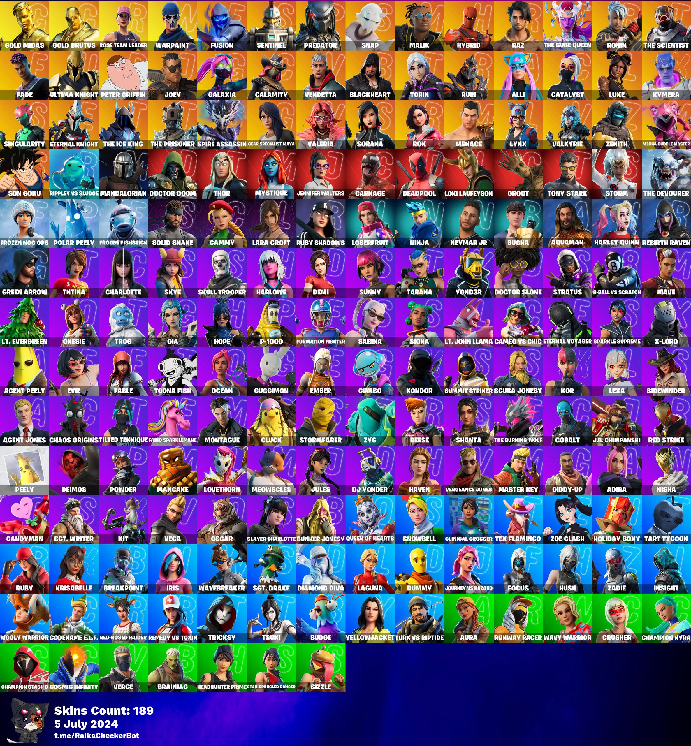 189 skins | OG STW | Gold Midas | Gold Brutus | Fusion | Sentinel | Predator | Snap | Malik ...