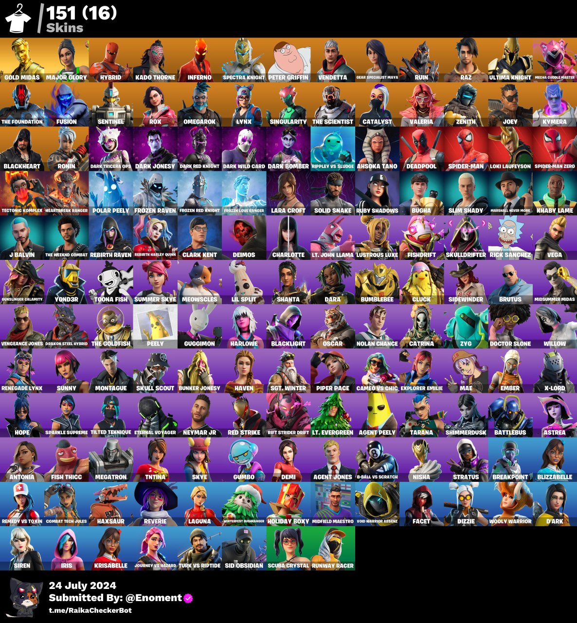 151 skin () Major Glory . Midas . Lara Croft . Spider-Man . Midsummer ...