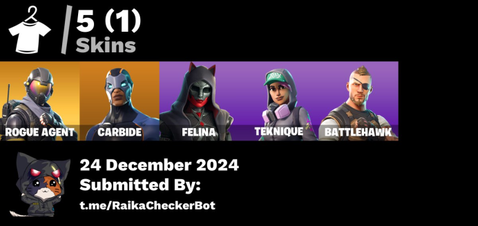 5 skins | Rogue Agent | Carbide | Felina | Teknique | Battlehawk | Cozy ...