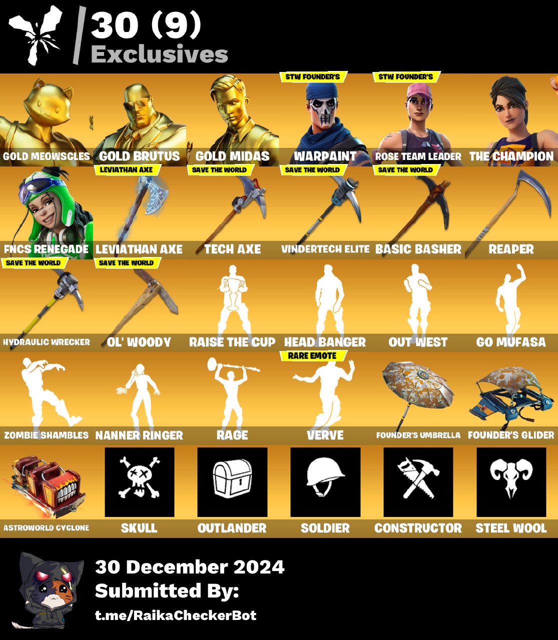 [PC] 228 skins | OG STW | Gold Meowscles | Gold Brutus | Gold Midas ...