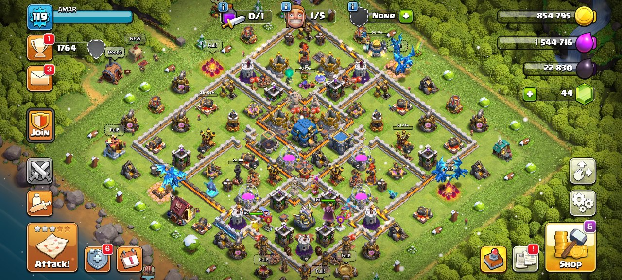 Th 12 / LeveL 119 / Trophy 1764 / Gems 44 / Heroes (45 47 20 20) / CN ...