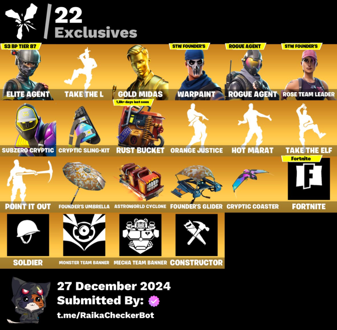 173 skins | OG STW | Elite Agent | Take The L | Gold Midas | Rogue ...