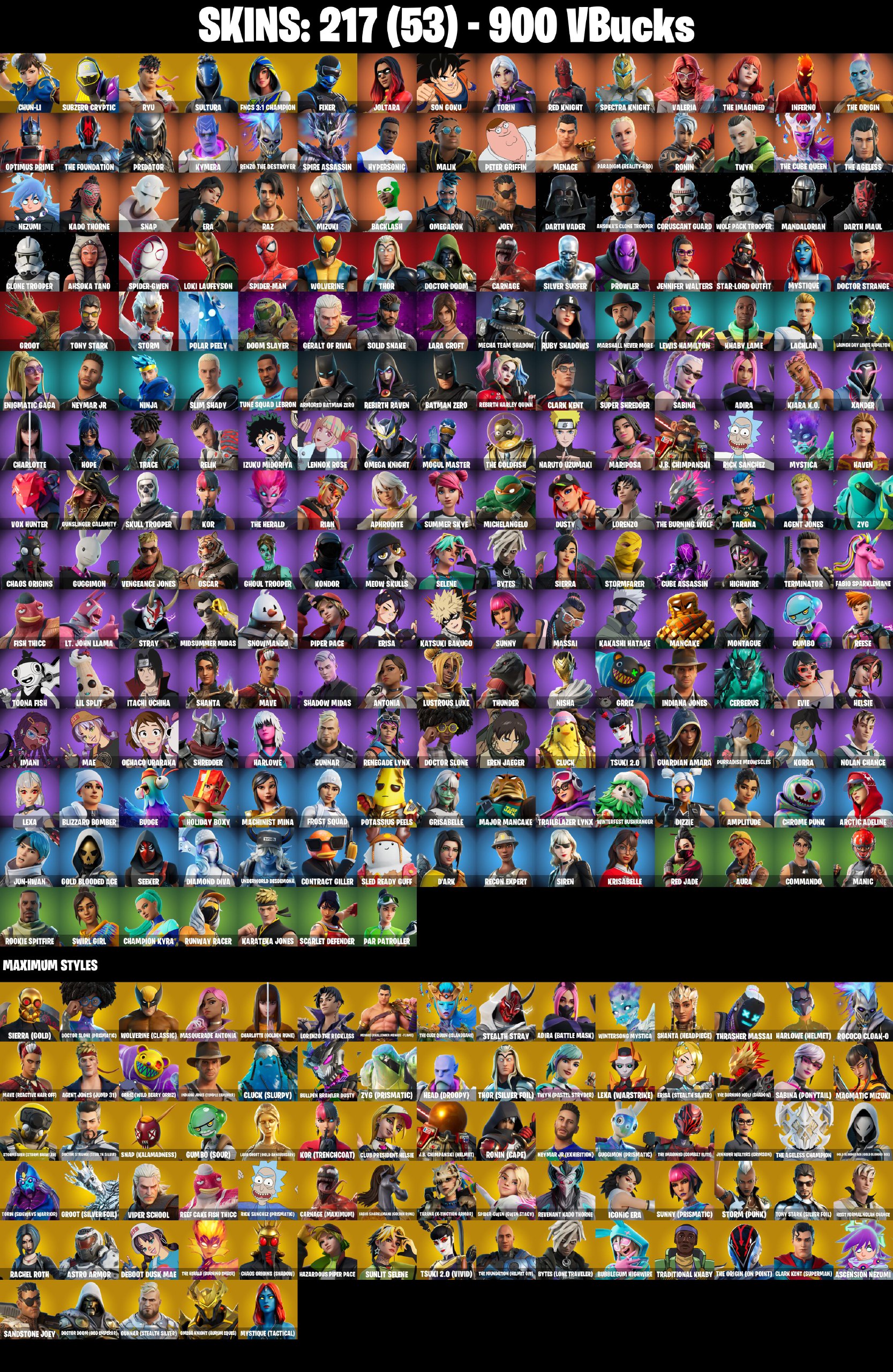 (PC/PSN/XBOX) 900 VB) 217 SKINS / CHUN-LI / FNCS 3:1 CHAMPION / LARA CROFT / CANDY AXE / GERALT ...