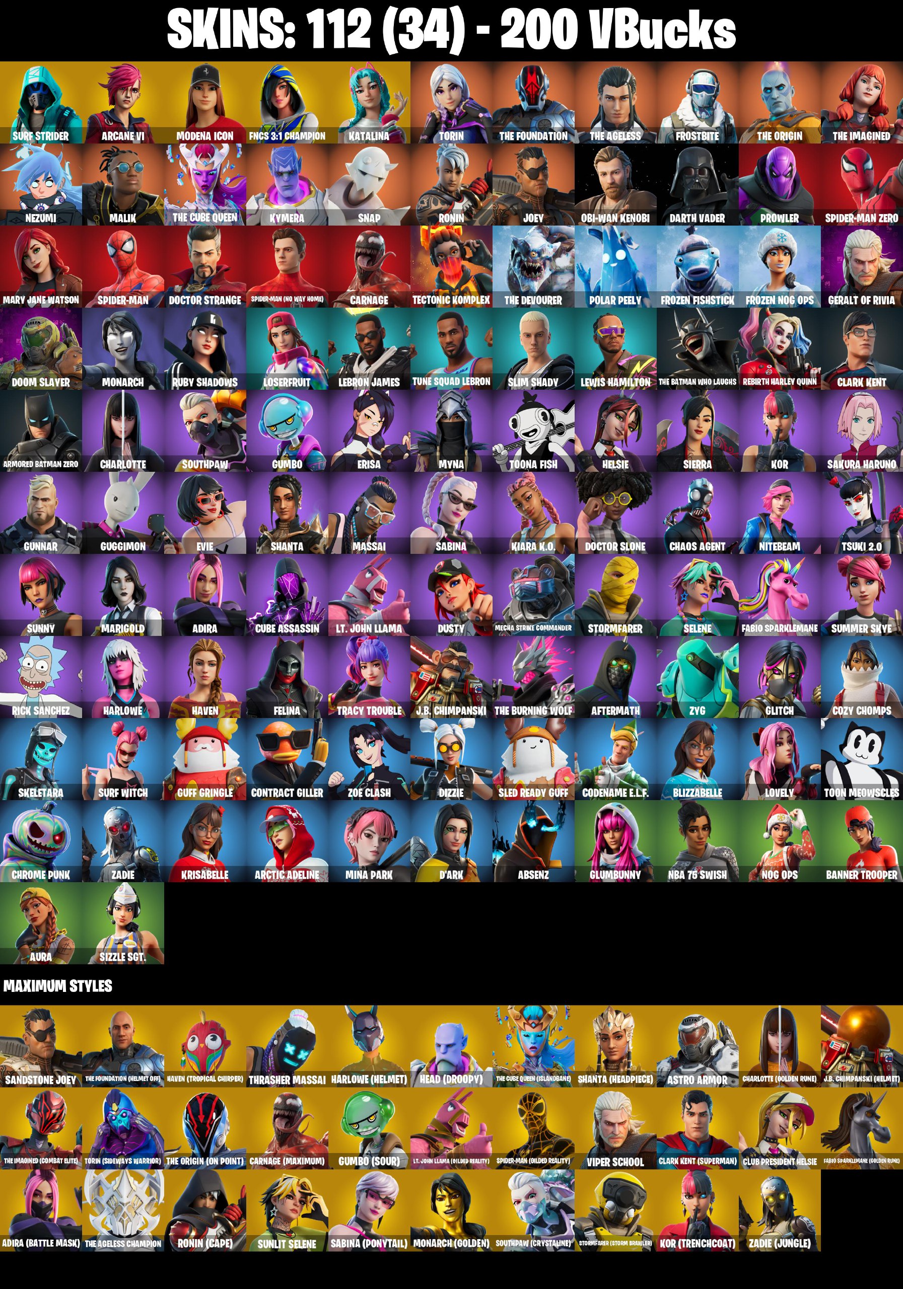 (PC/XBOX) 200 VB) 112 SKINS / SURF STRIDER / RUSHIN' AROUND / FNCS 3:1 CHAMPION / FROSTBITE ...