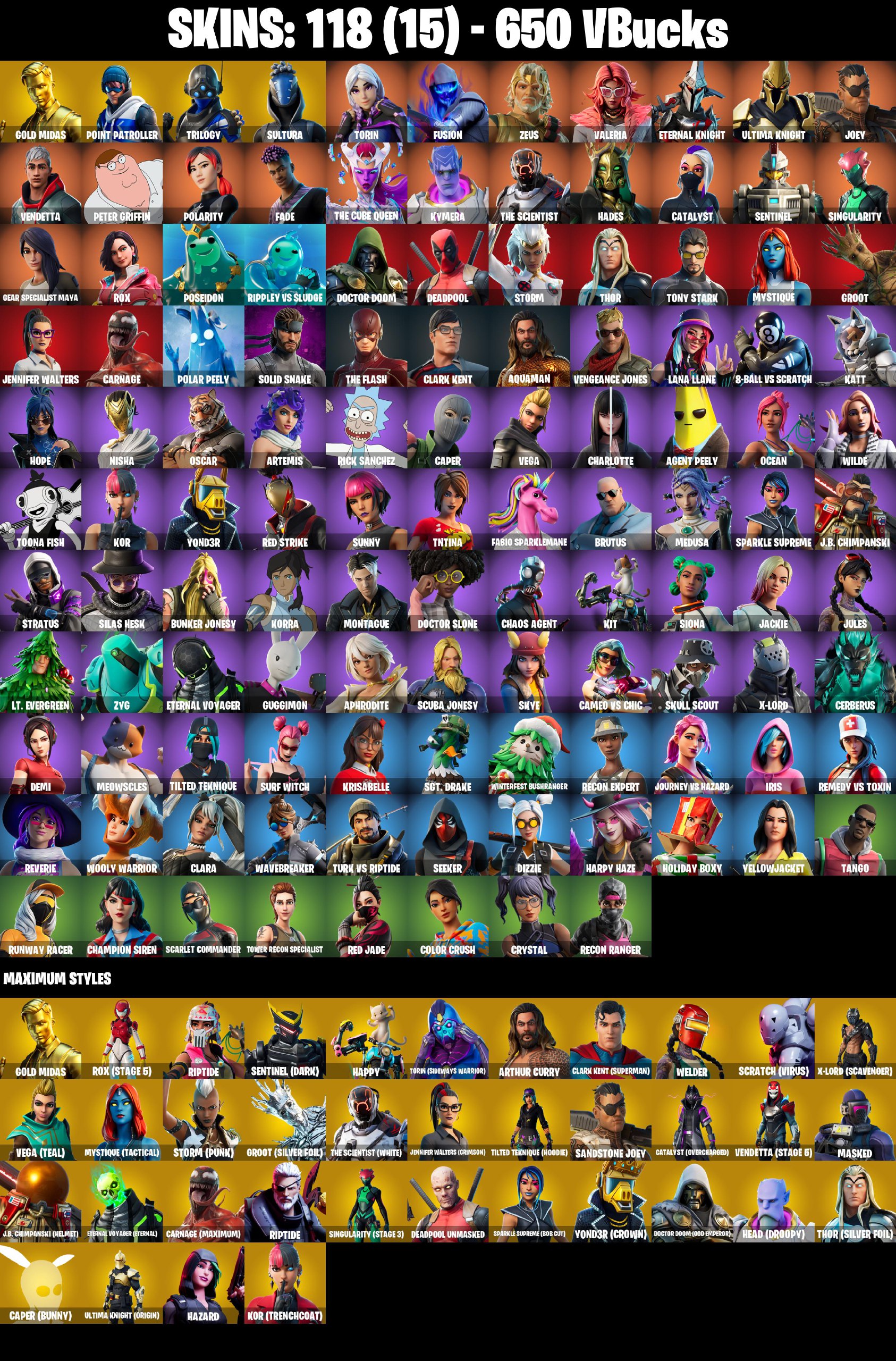 (PC/XBOX) 650 VB) 118 SKINS / LAUGH IT UP / ASTROWORLD CYCLONE / CANDY AXE / DEADPOOL / WIDOW’S ...