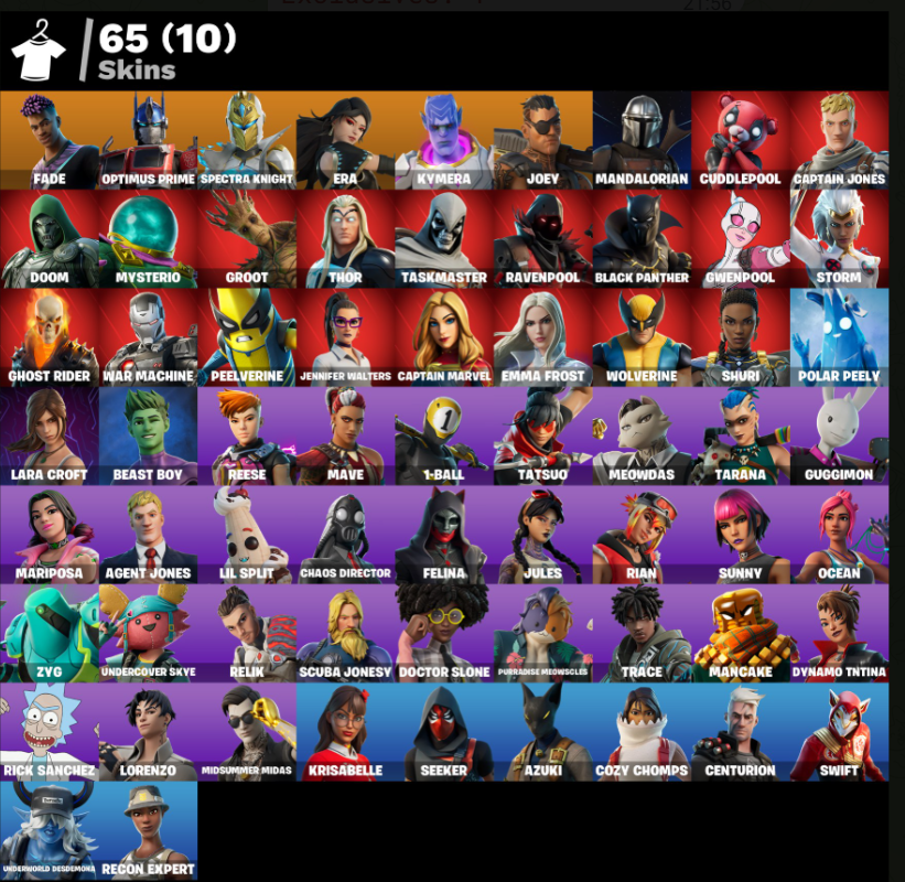 65 SKINS | RICK SANCHEZ | KYMERA | LARA CROFT | STORM | RAVENPOOL ...