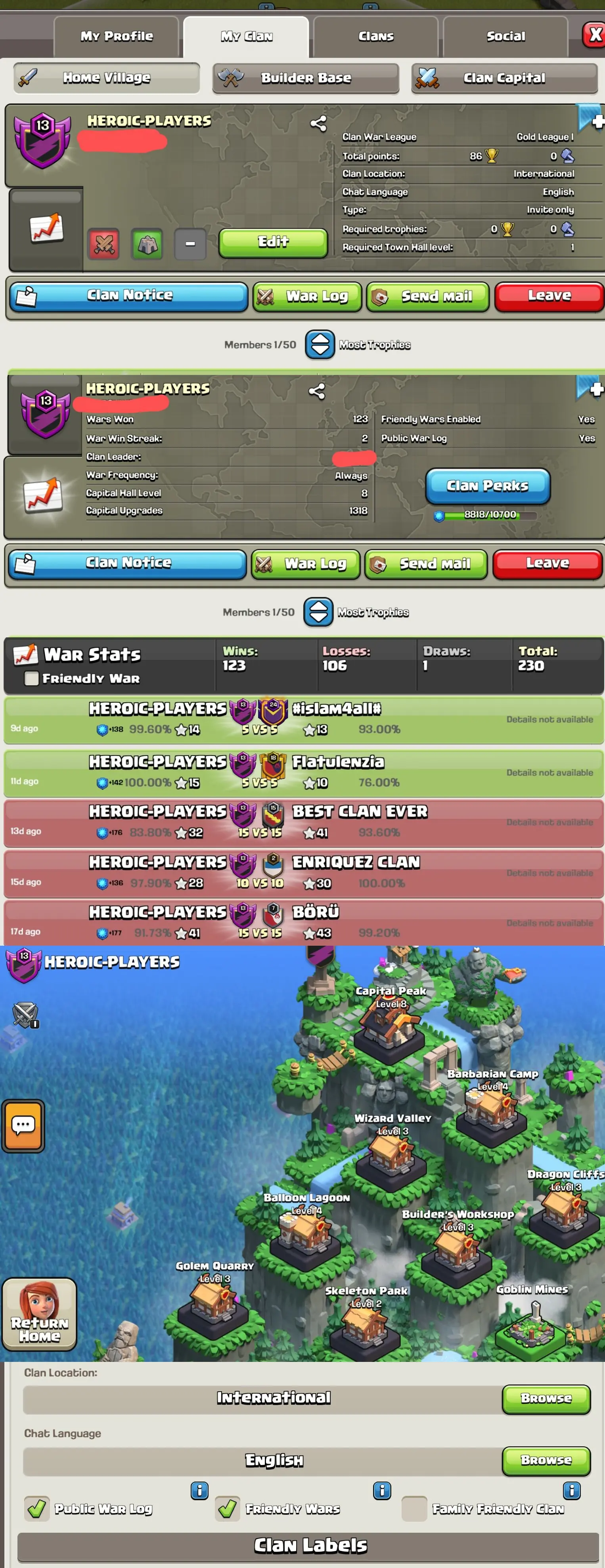 # CAPITAL HALL 8 # | Clan Level 13.8 | Clan Name : HEROIC-PLAYERS | Wins 123 Losses 106 ...