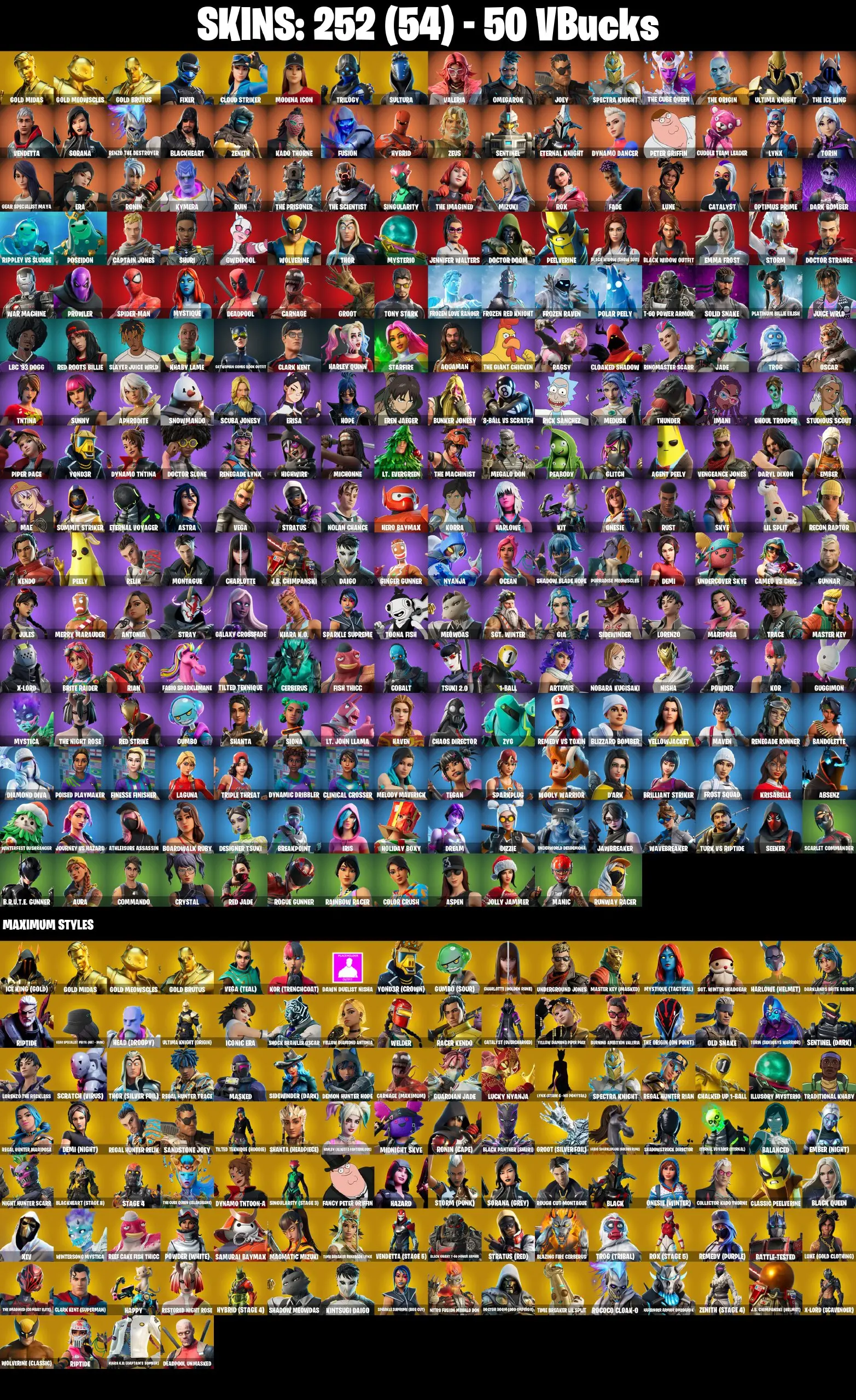 [PC|XBOX] 50 VB/ 252 skins / Gold Midas / Gold Brutus / Gold Meowscles ...