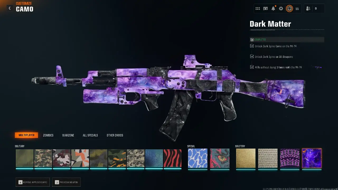 [LEGIT] BO6 - 33 DARK MATTER CAMOS | LEVEL 55 | B06 RANK READY (ONLY ...