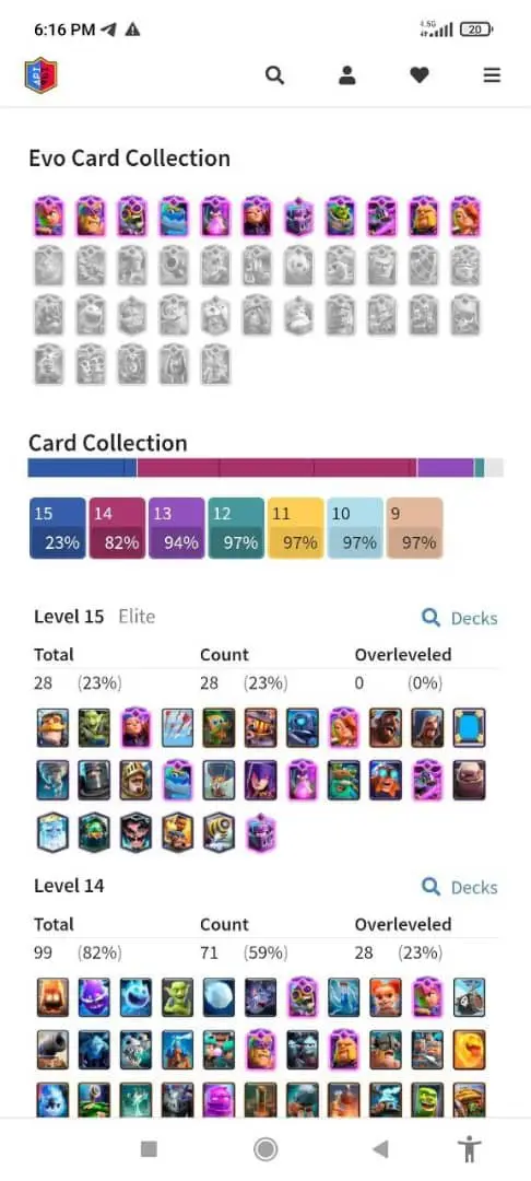 CR453 //Level 61, King Tower 15, 18 Evolution Cards, 28 Elite Cards, 99 Max Cards, 12000 ...