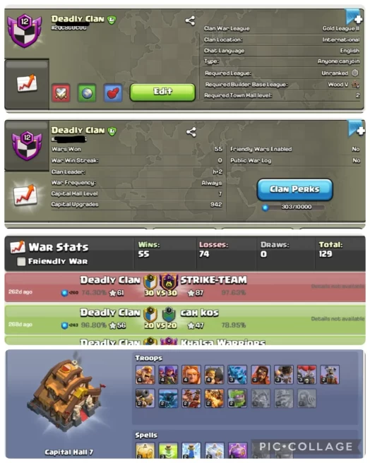 | LEVEL 12| GOLD 2 + CC:7 | NAME : DEADLY CLAN | 55 WINS 74 LOSSES 0 ...