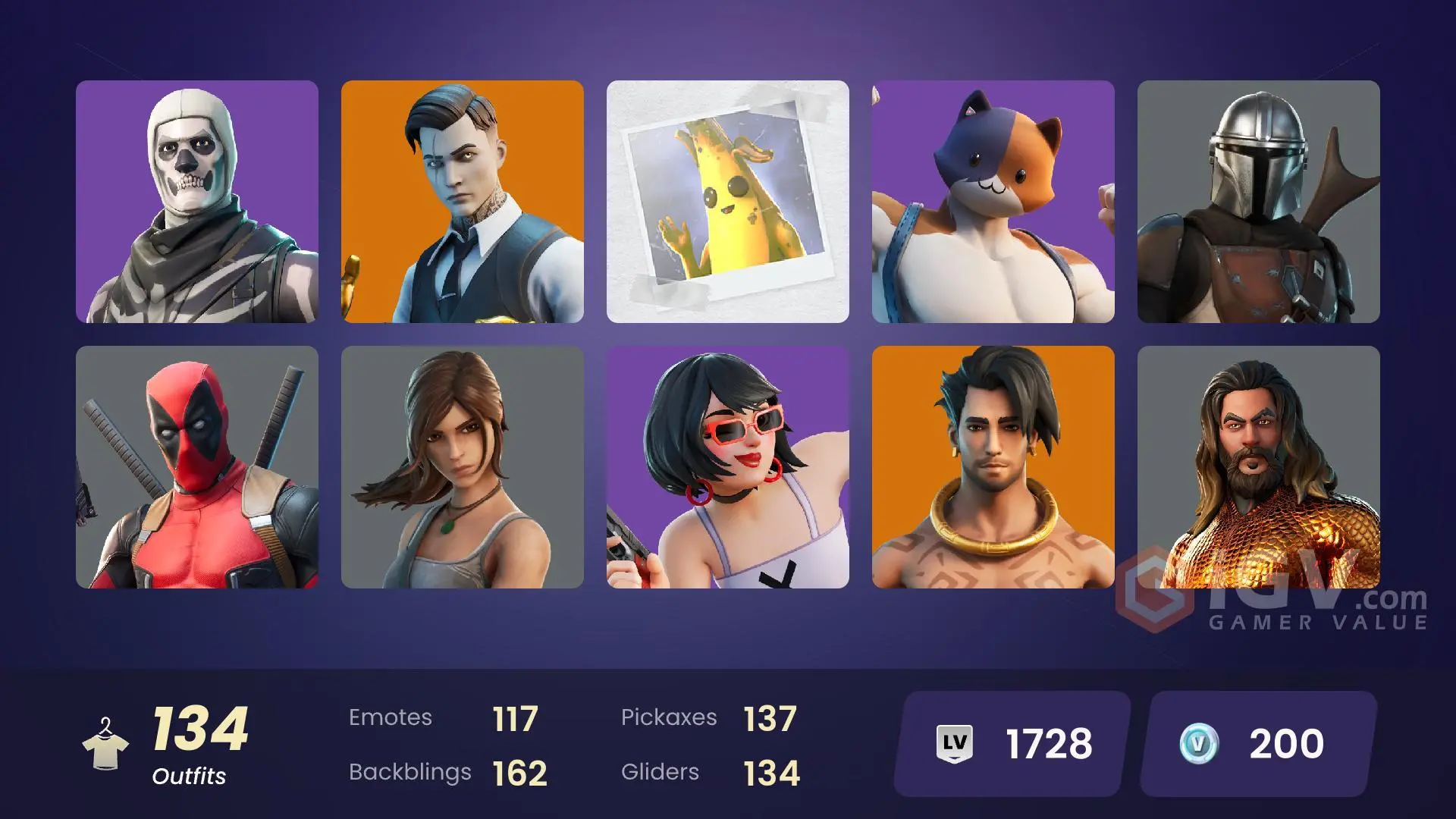 134 skins (Only PC) Gold Brutus/Gold Midas/Sentinel/The Cube Queen/Raz ...