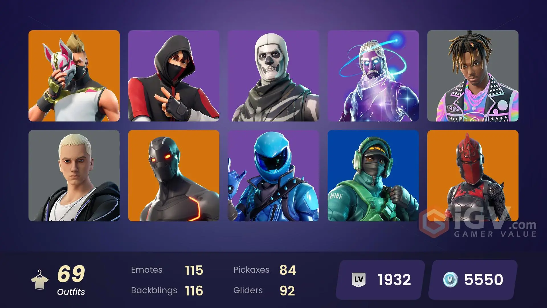 69 skins | Galaxy | IKONIK | Honor Guard | Stealth Reflex | Take The L ...