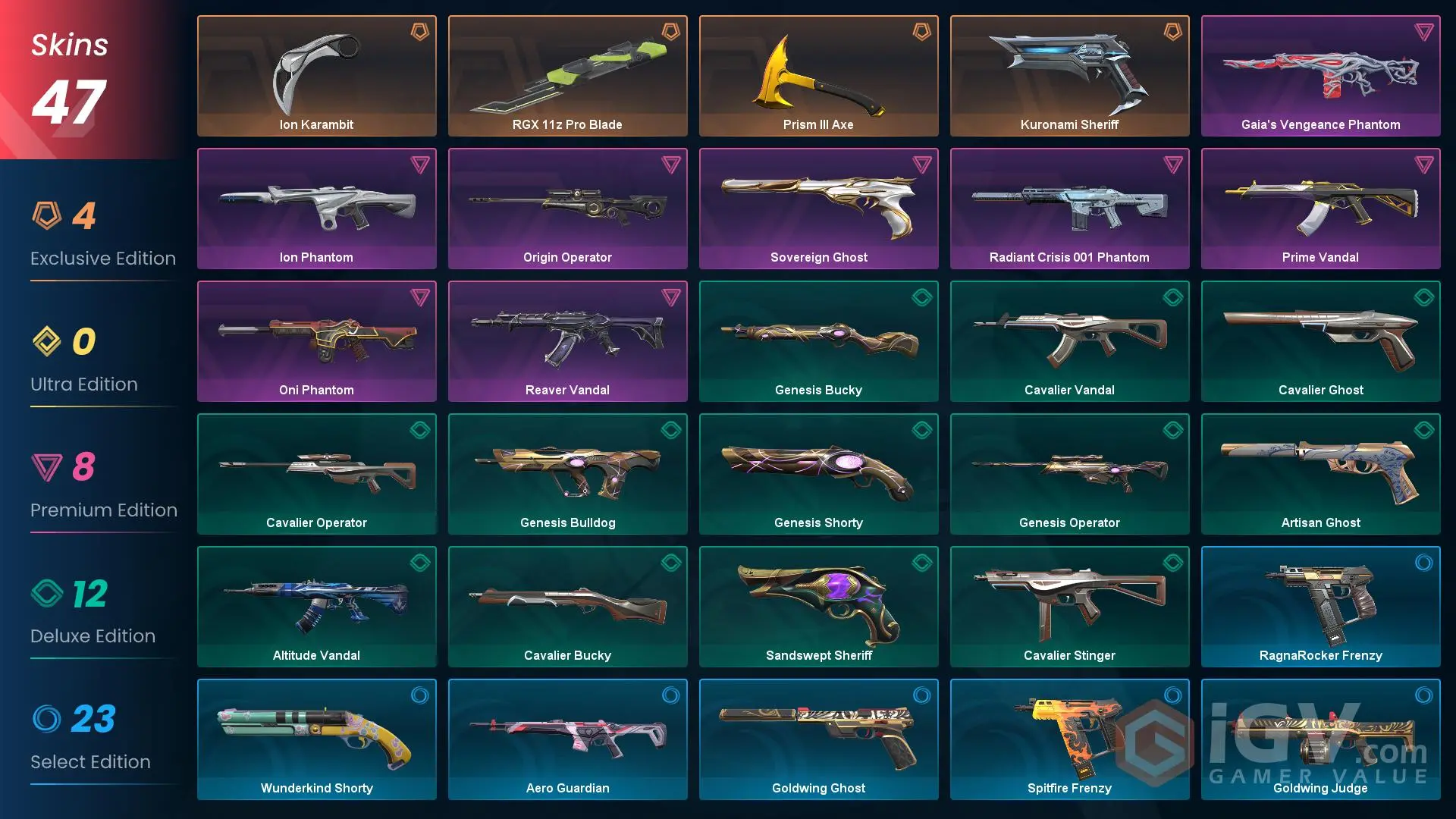 EU 【 47 SKINS 28550 VP Spent Ion Karambit RGX 11z Pro Blade Oni Phantom ...