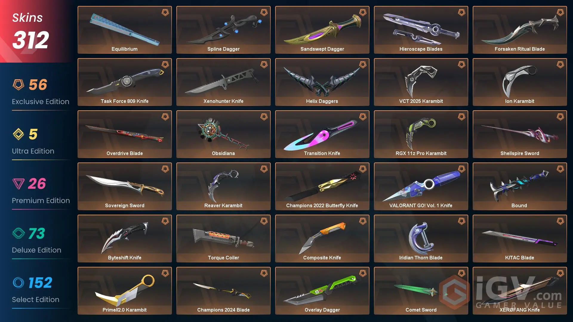 VALORANT EU WEST SERVER 312 SKIN(34 KNİFE , 2022+23+24 PACKED, 27 ...