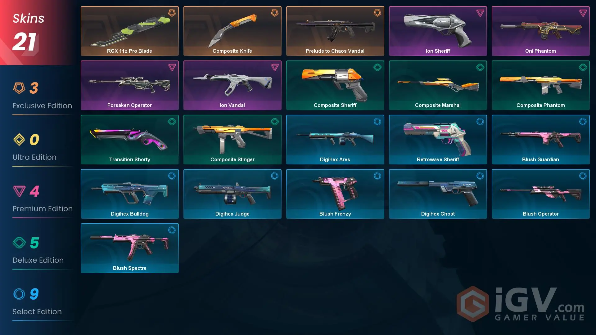 EU Full Access | Plat 2 | 21 Skins RGX 11z Pro Blade+Prelude to Chaos Vandal+Ion Vandal+Oni ...