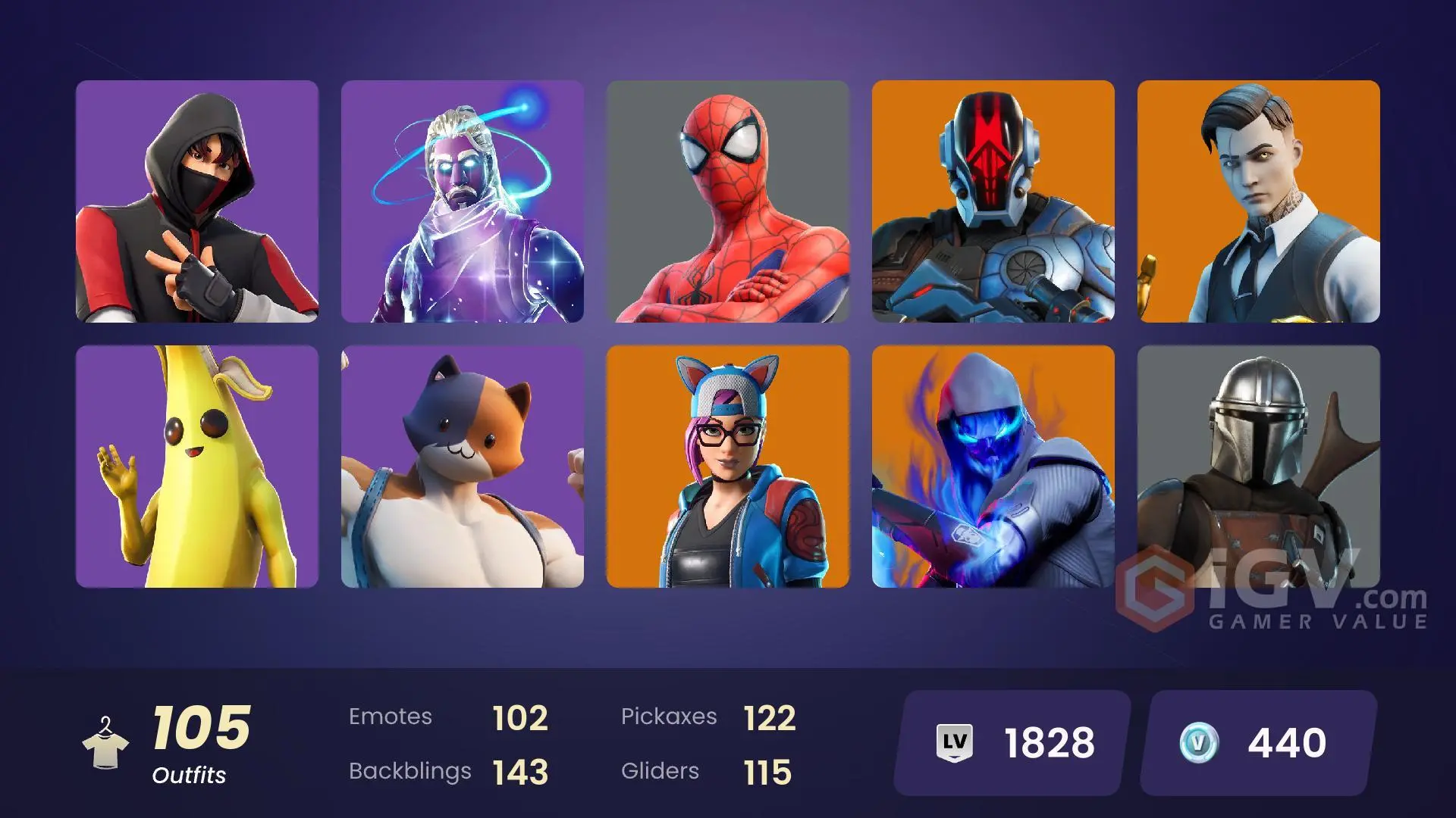 (PC) 440 VB) 105 SKINS / GALAXY / IKONIK / GOLD MIDAS / DUMMY SUPREME ...