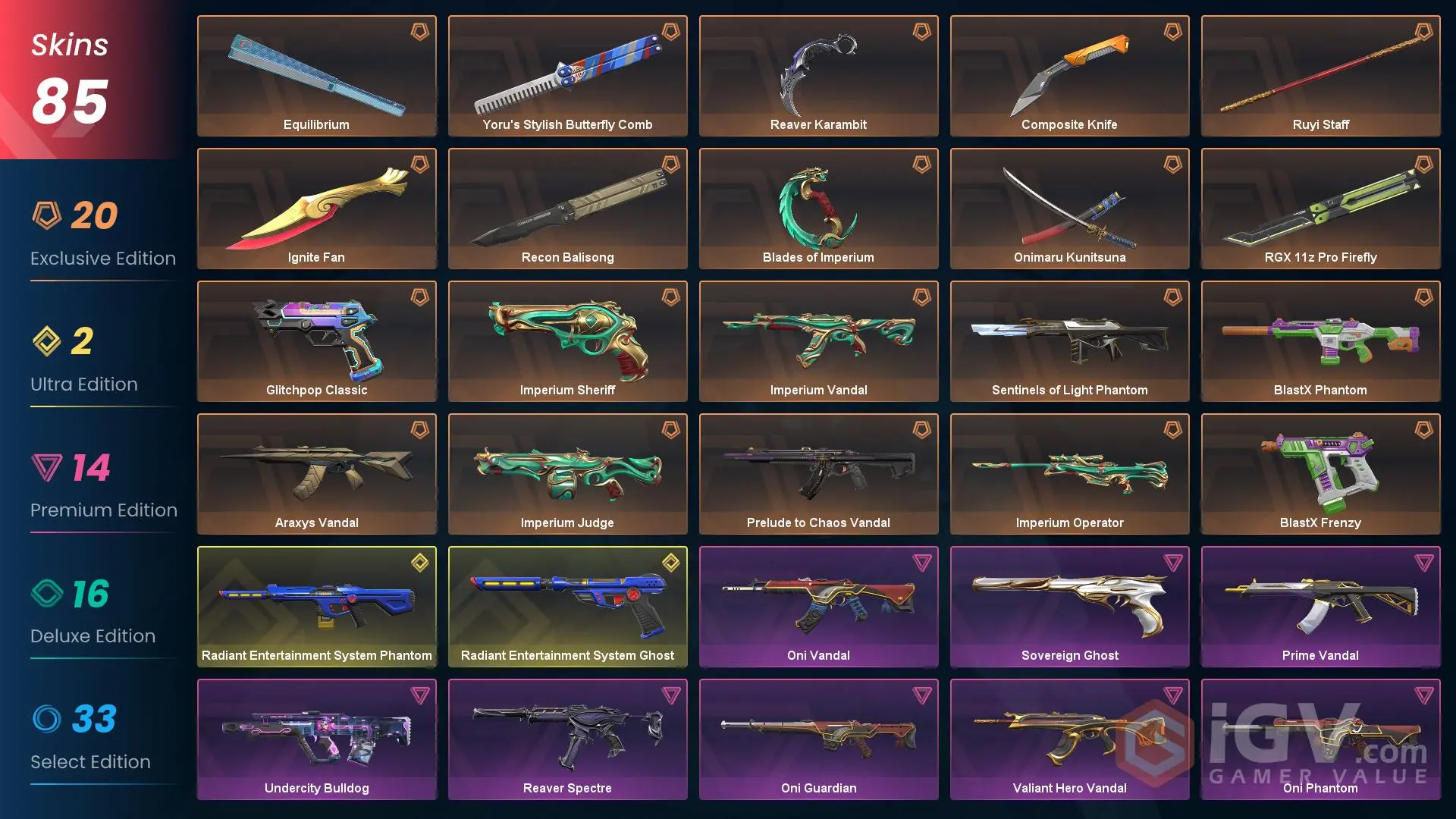 EU 85 skins Ignite Fan | Reaver Karambit | Onimaru Kunitsuna | Radiant ...