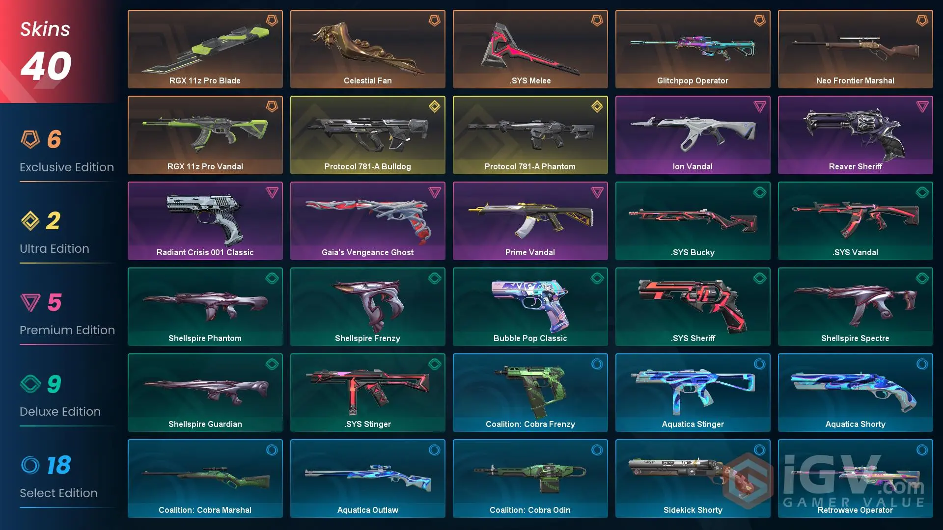 40 Skins | RGX 11z Pro Blade | Celestial Fan | Protocol 781-A Bulldog ...