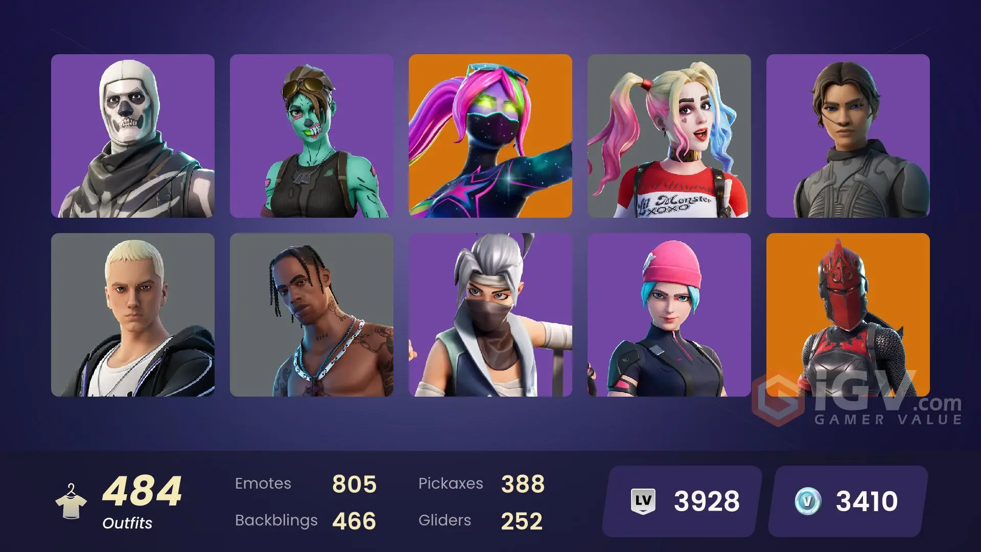 PC/PSN Info |484 Skins| 802 Emotes| Wildcat| Travis Scott| Dark Skully ...