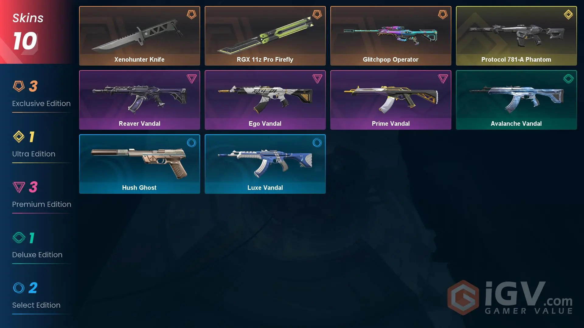 EU-10 Skins-RGX 11z Pro Firefly-Reaver Vandal-Protocol 781-A Phantom ...