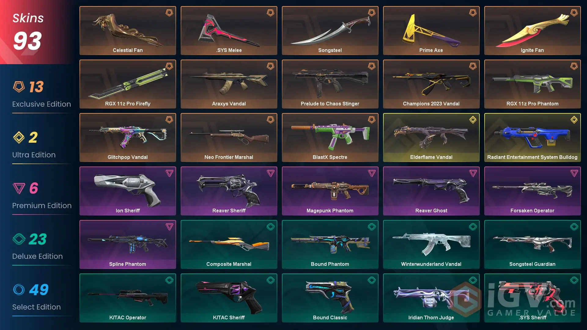 NA 93 skins | Ignite Fan | Champions 2023 Vandal | Celestial Fan ...