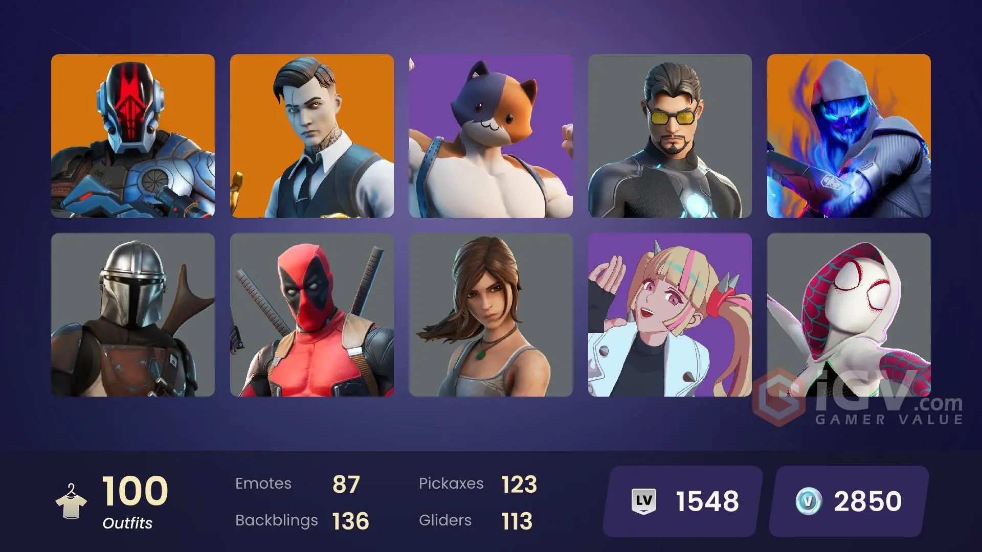 100 Skins | OG STW | Midas | Lara Croft | Tony Stark | Agent Peely ...